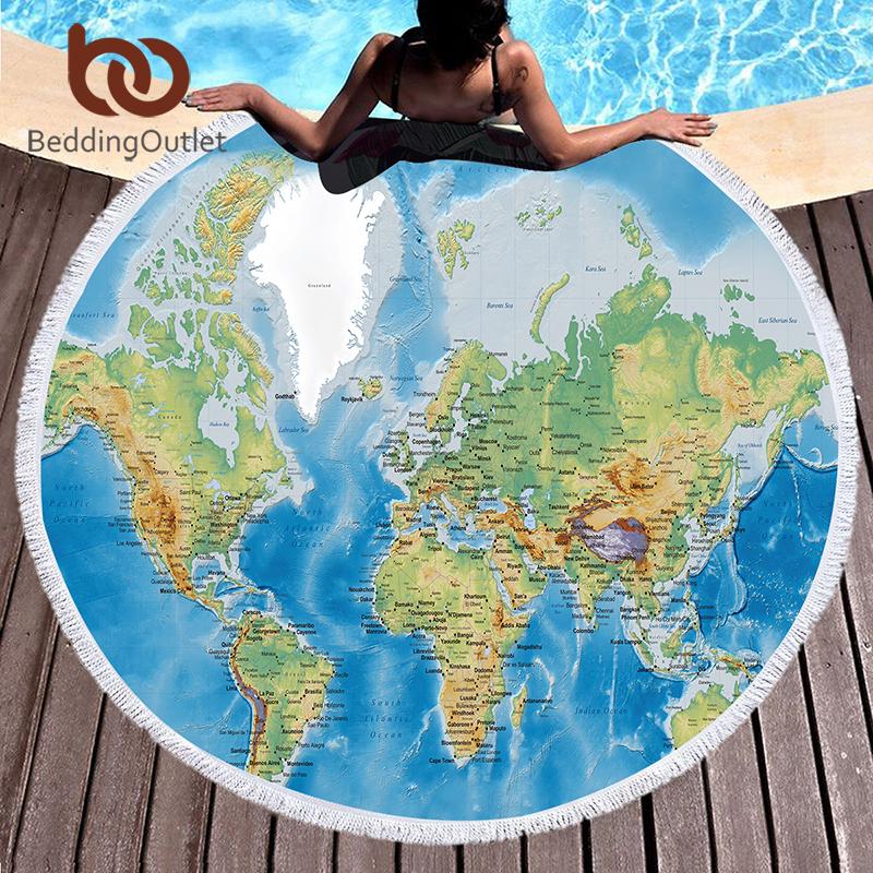 Large Round Beach Bath Towel Tassel World Map Printed Microfiber ...