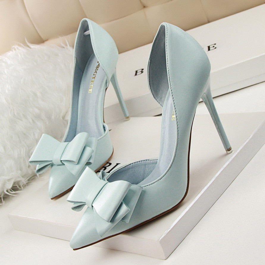 Women's Delicate Sweet Bowknot High Heel Side Hollow Pointed Pumps ...